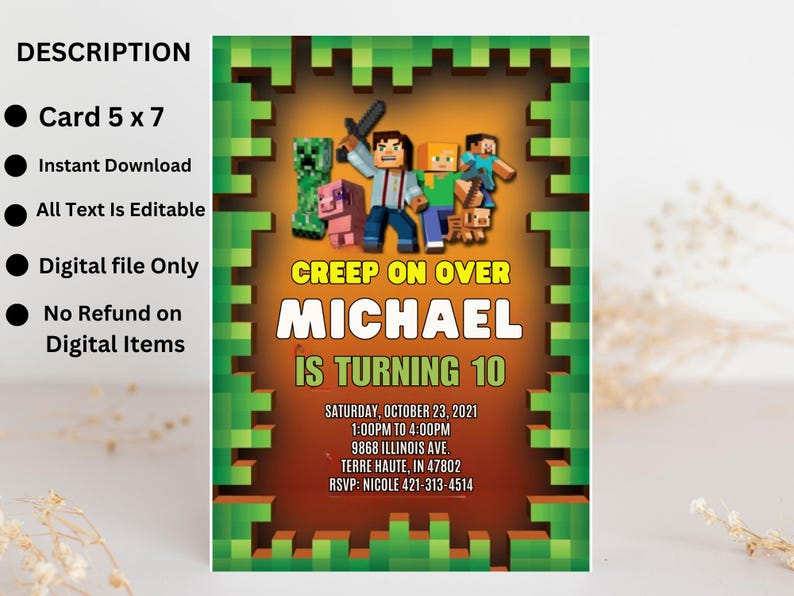 Editable Minecraft Birthday Invitation, Minecrafter Birthday ...