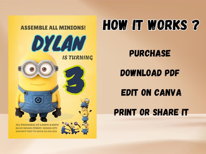 Editable Minion Birthday Invitation Template, Printable Birthday Party ...
