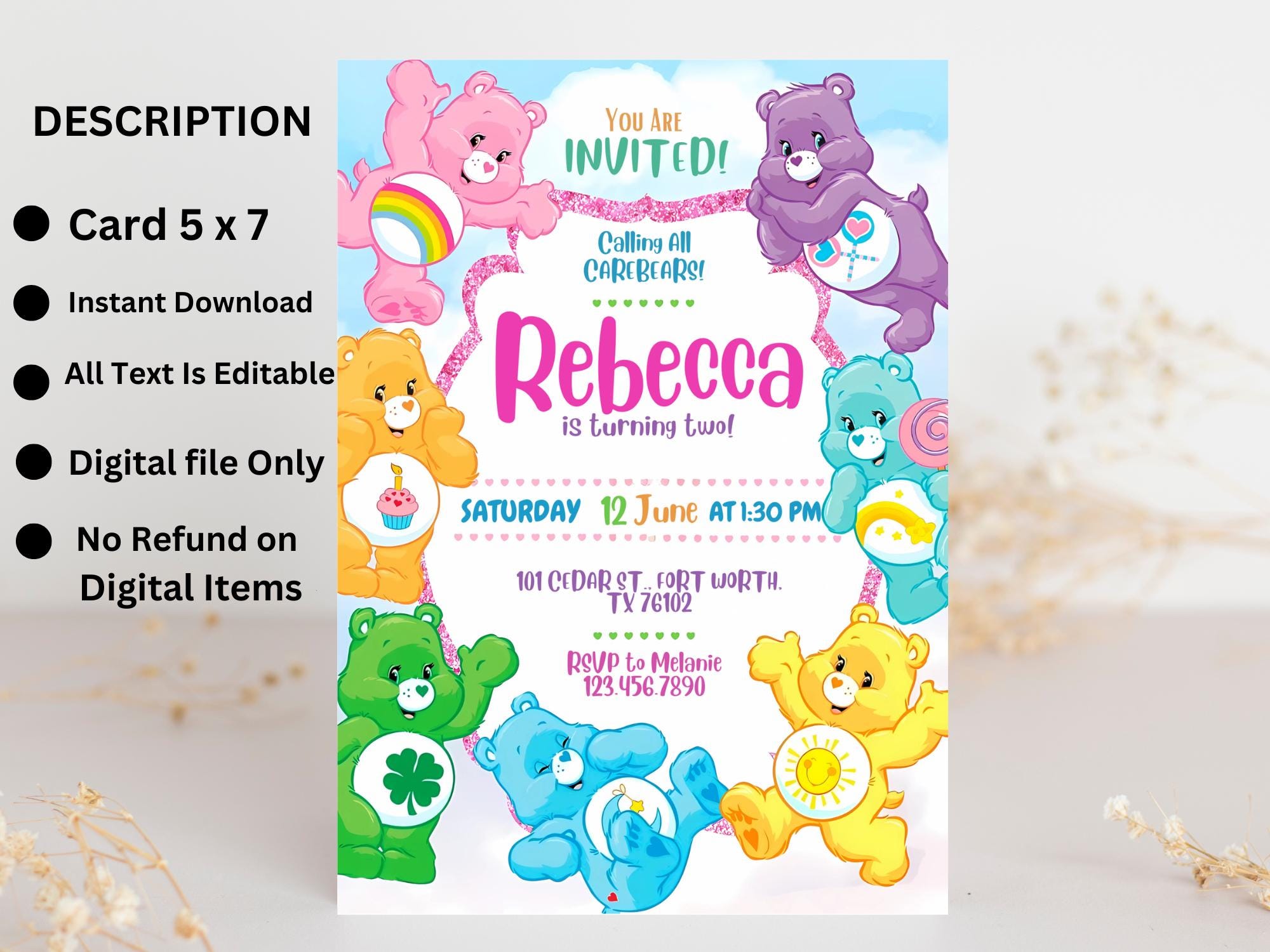 Editable Care Bears Birthday Invitation, Birthday Party Invite, Digital ...