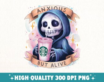 Anxious but Alive PNG, Spooky Grim Reaper Clipart, Snarky Skeleton ...