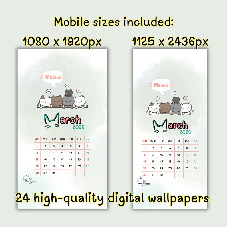 Kawaii Cat Calendar 2026 Phone Wallpaper — Monthly Phone Backgrounds ...