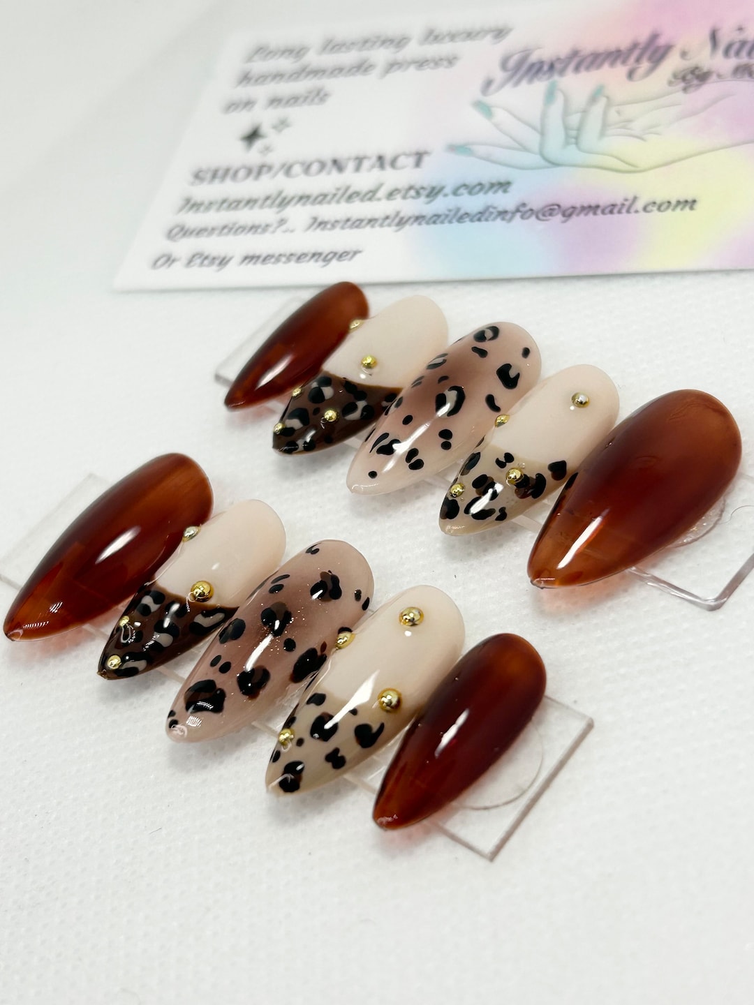 Cheetah Print French Tip Press on Nails, Handmade Gel False Nails for ...