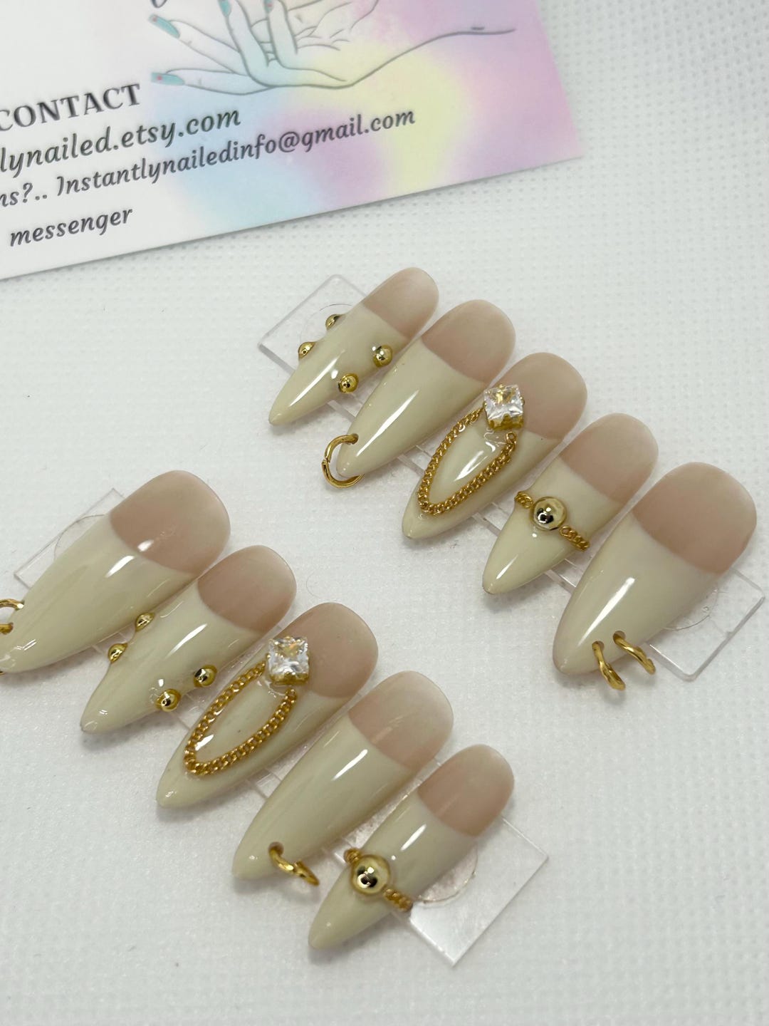 Cream French Press on Nails, Retro Gold Chain Accent, Handmade Gel ...