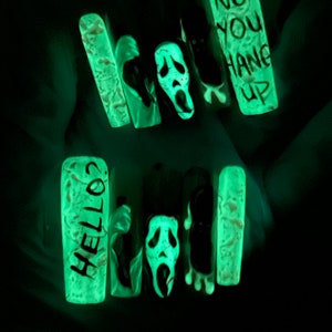 Glow in the Dark Halloween Scream Mask Press on Nails, Handmade Gel ...