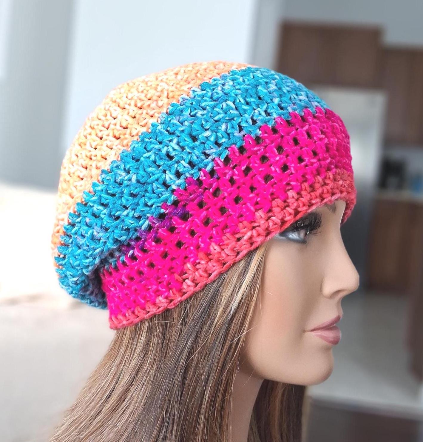 Crocheted Slouchy Beanie • Variegated Blue Pink Orange Acrylic Yarn ...