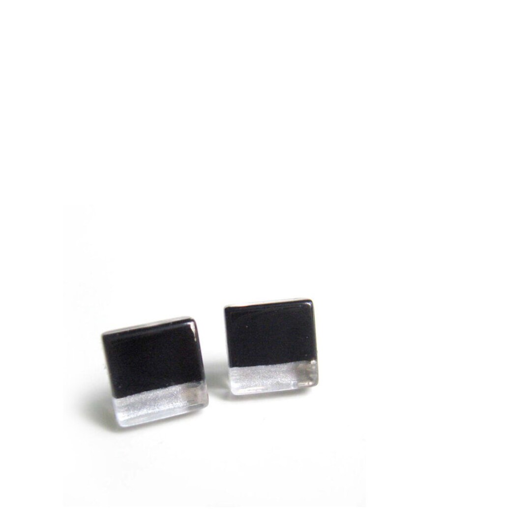 Minimalist Black and Silver Earrings Hand Painted Glass by Azurine - Etsy