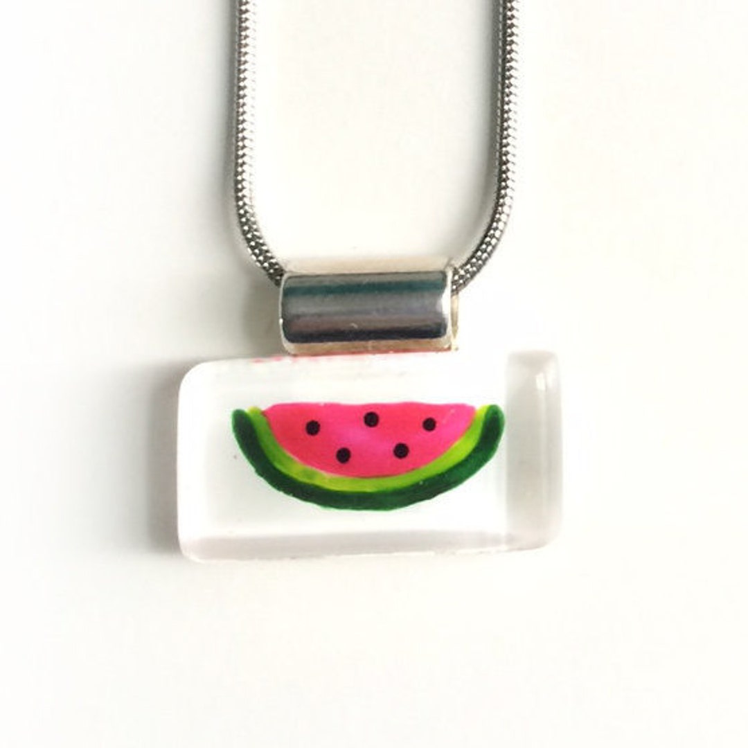 Watermelon Pendant Necklace on Stainless Steel Chain Handpainted Glass ...