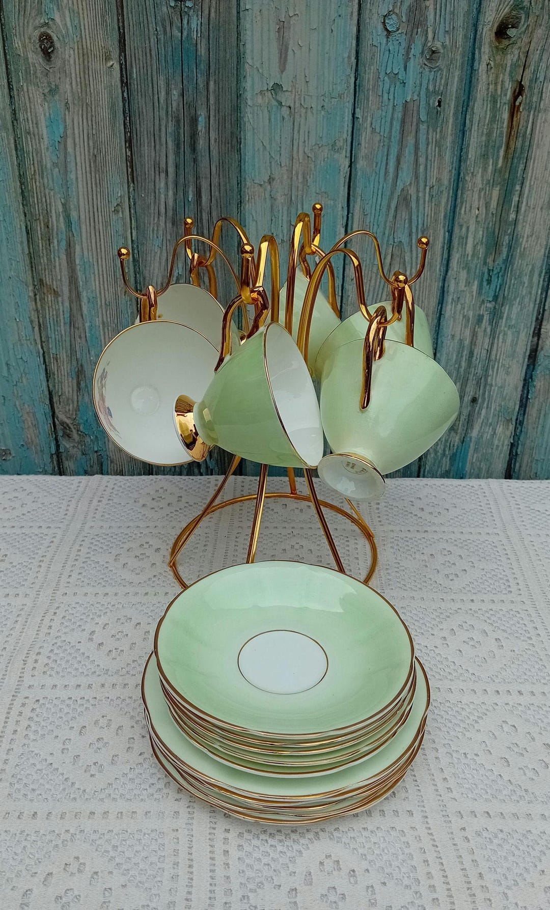 Lubern Vintage Fine Bone China Teacup and Saucer Set Light Green 22K ...