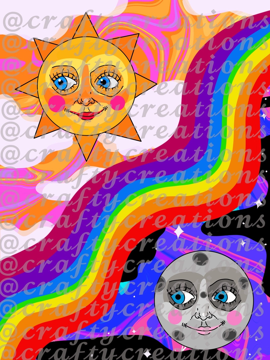 Trippy Sun and Moon Art Print - Etsy