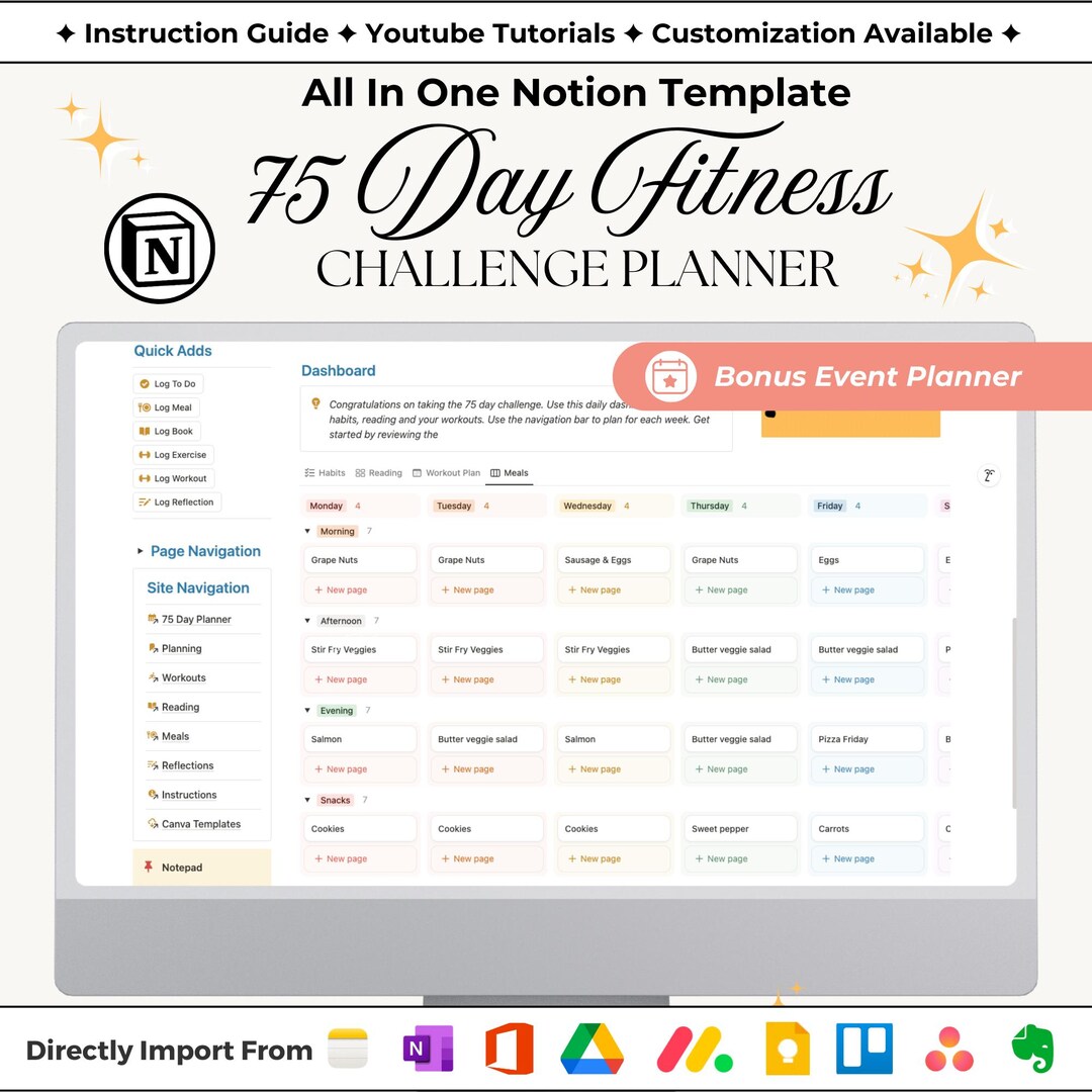 75 Day Challenge Planner 75 Day Notion Template 75 Day Tracker With Running Distance Log Food ...