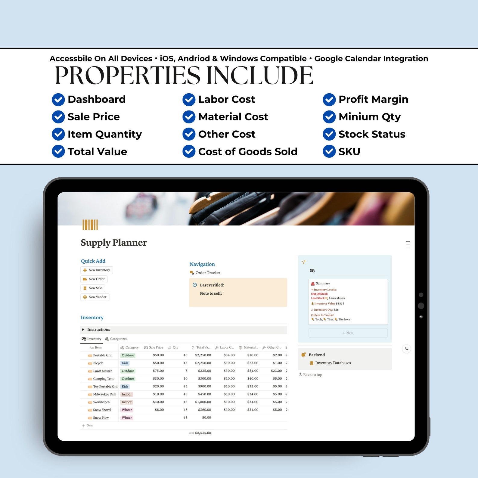 Supply Planner Notion Template With Production Cost Calculator Supply ...