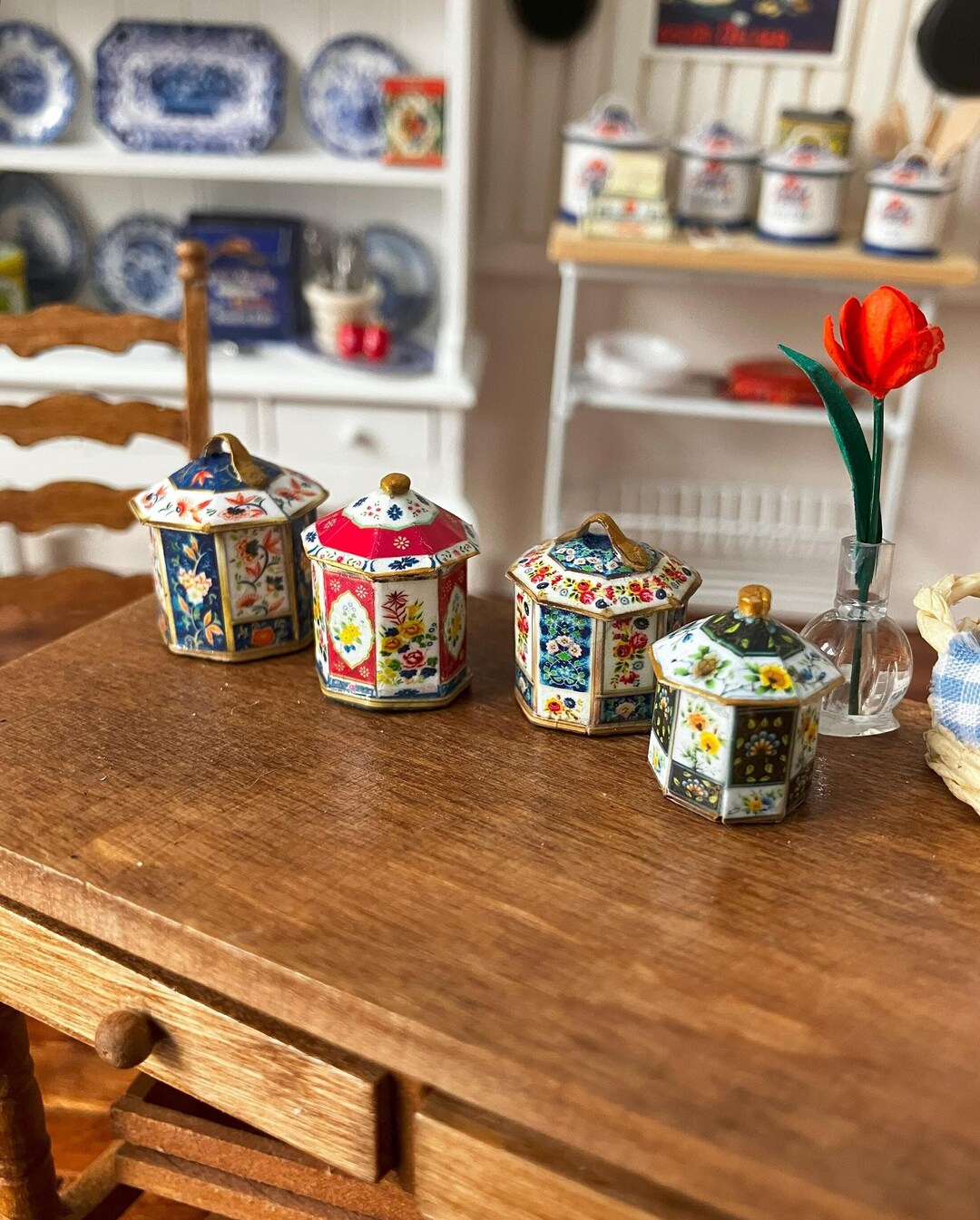 Miniature Vintage Decorative Octagonal Canister Tins, 1:12 Inch Scale ...