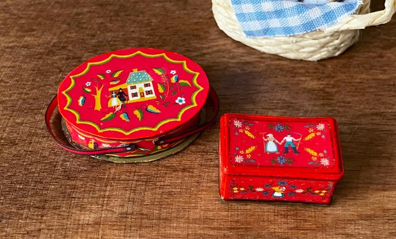 Miniature Red Vintage Scenic Folk Art Tins, 1:12 Scale Papercraft ...