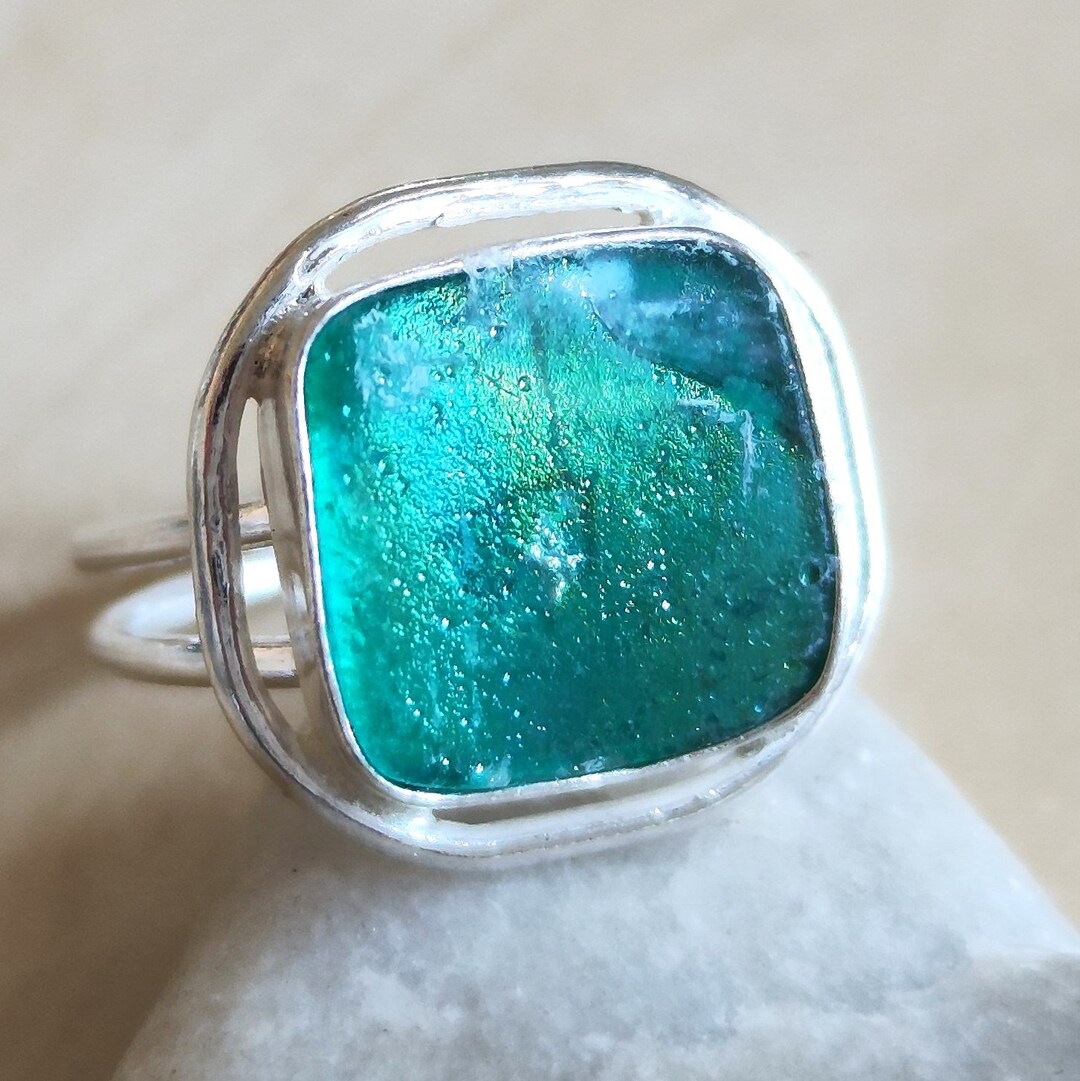 Antique Roman Glass Square Ring, Natural Roman Glass Adjustable Silver ...