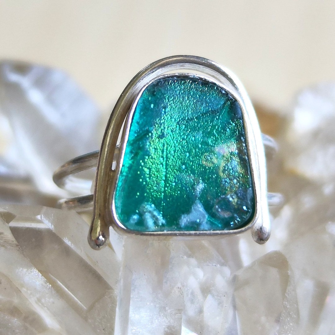 Aqua Green Roman Glass Ring, Natural Roman Glass Adjustable Silver Ring ...