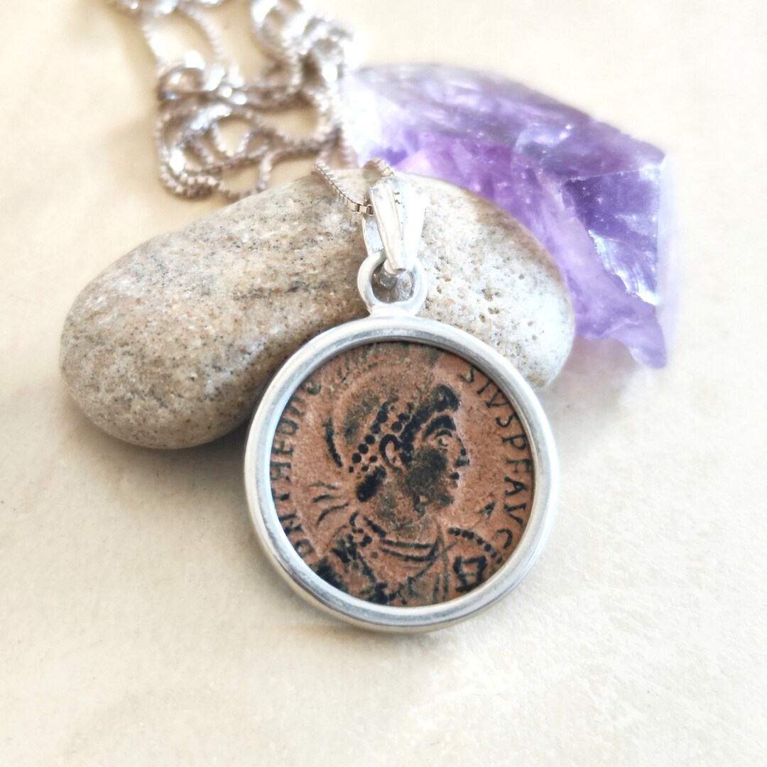 Roman Orthodox Coin Silver Necklace, Antique Theodosius Bronze ...