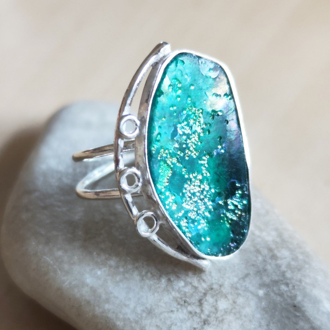 Antique Roman Glass Solitaire Ring, Natural Roman Glass Adjustable ...