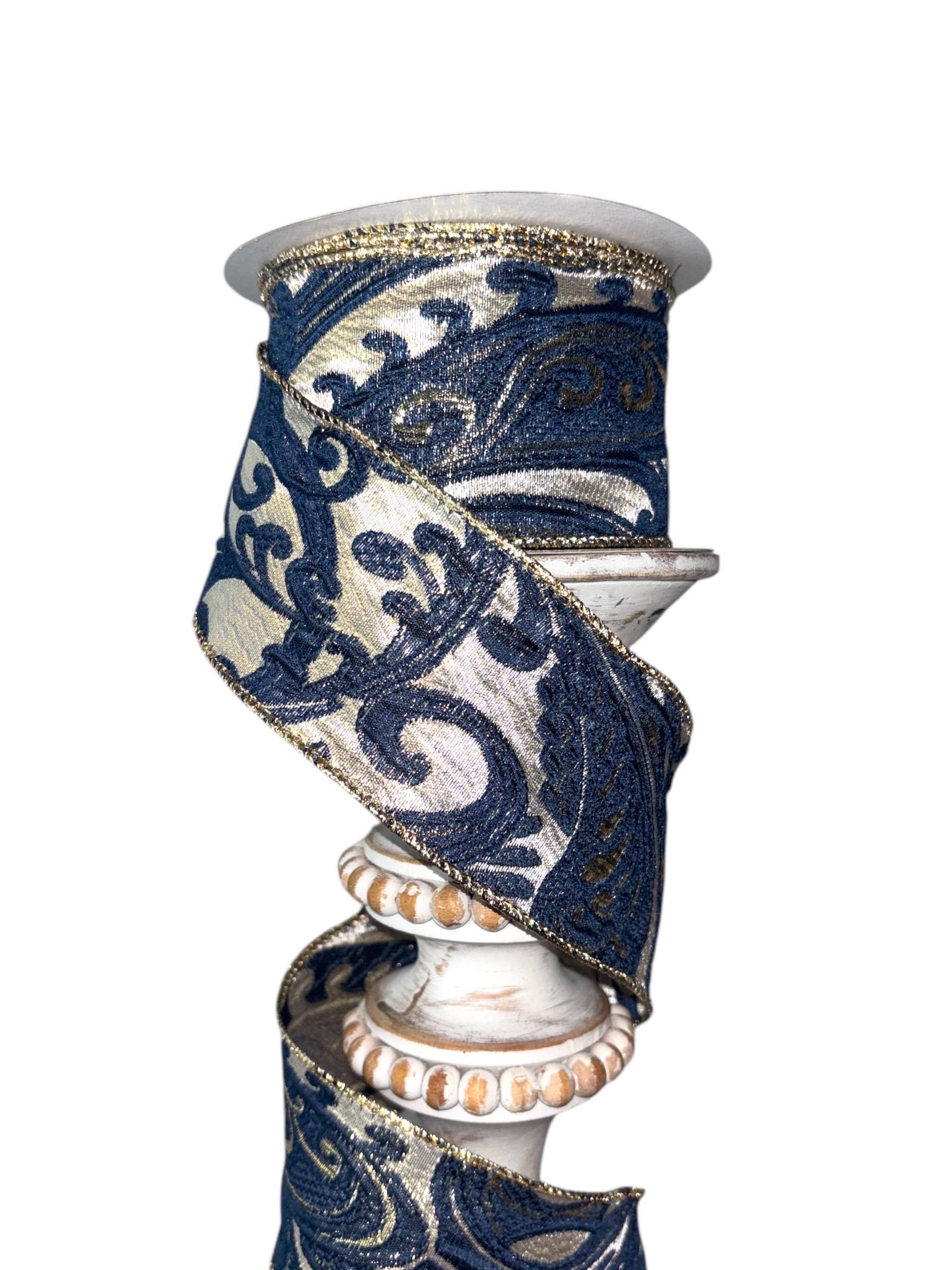 2.5"x 10 YD Embroidered Ribbon, Silver With Navy Embroidery & Gold Trim ...