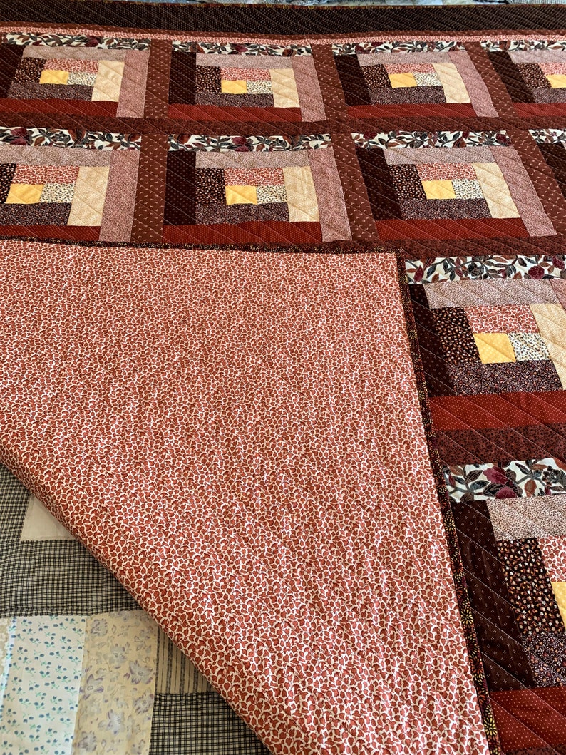 Log Cabin Quilted Throw Brown Rust - Etsy