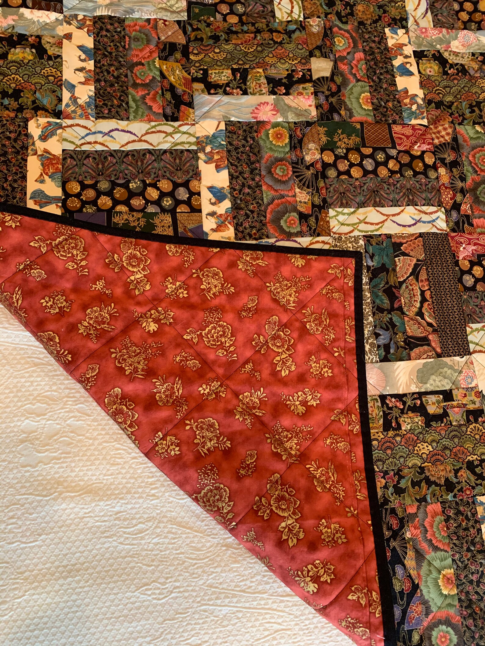 Wall Quilt Table Cover Lap Quilt Fence Rail Black Cream Rust Tan Green ...