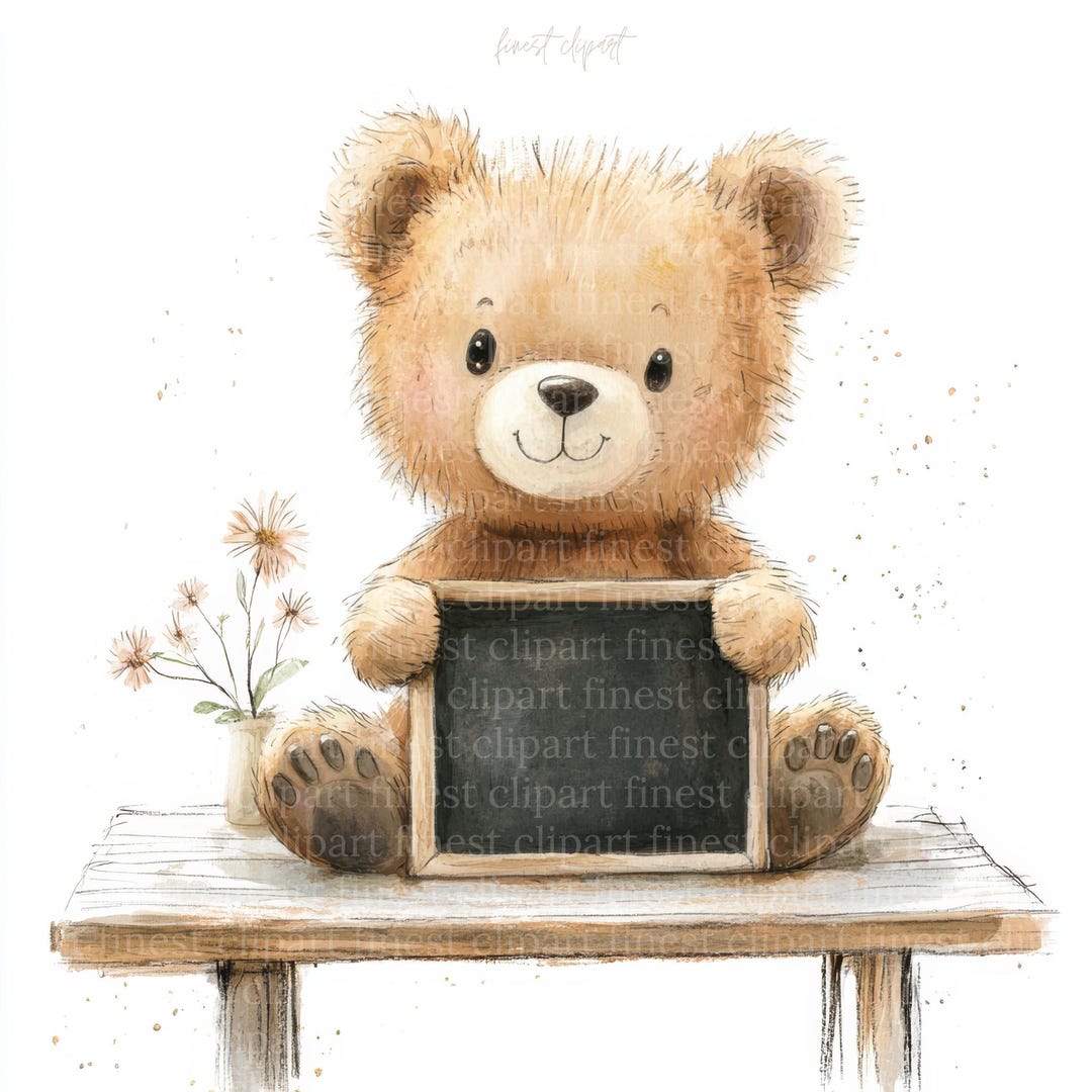 10 Teddy Bear With Blackboard Watercolor Clipart, JPG With White ...