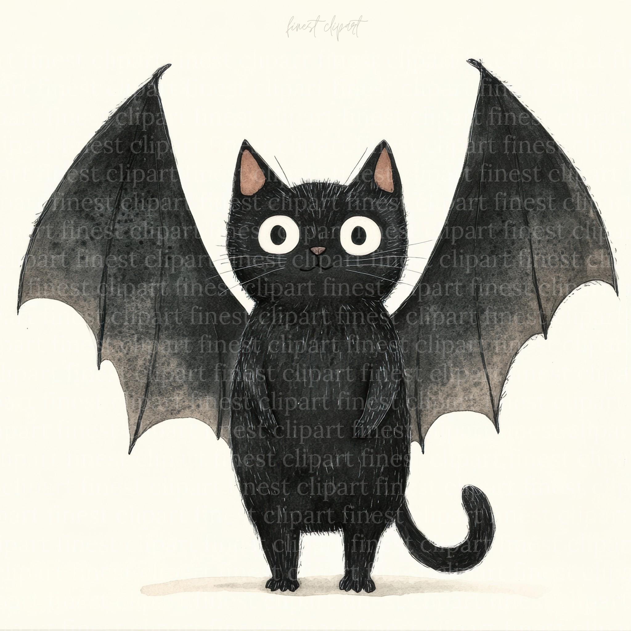 11 Black Cartoon Cat With Bat Wings Watercolor Clipart, JPG With White ...