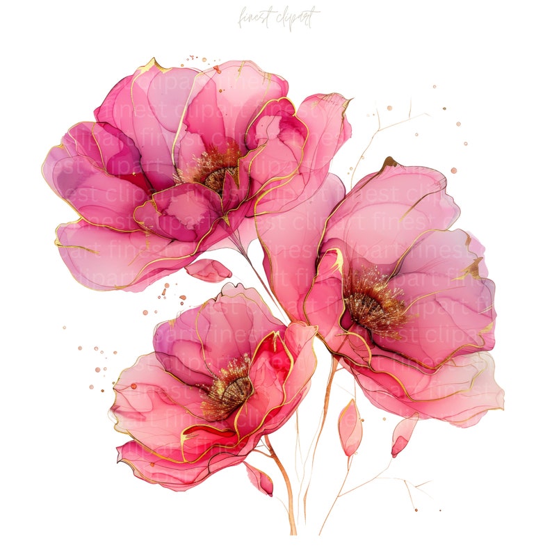 15 Abstract Watercolor Flower Clipart PNG Set - Pink and Gold Blossoms ...