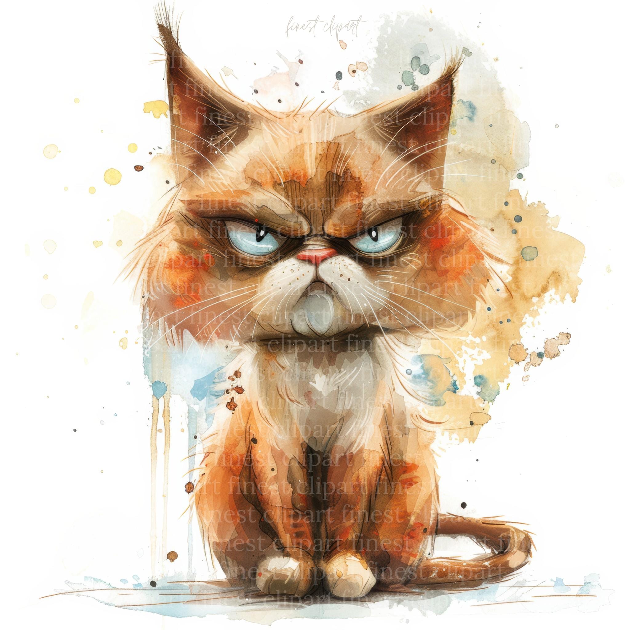 10 Grumpy Cartoon Cat JPG Clipart Set Annoyed Cat Watercolor Images ...