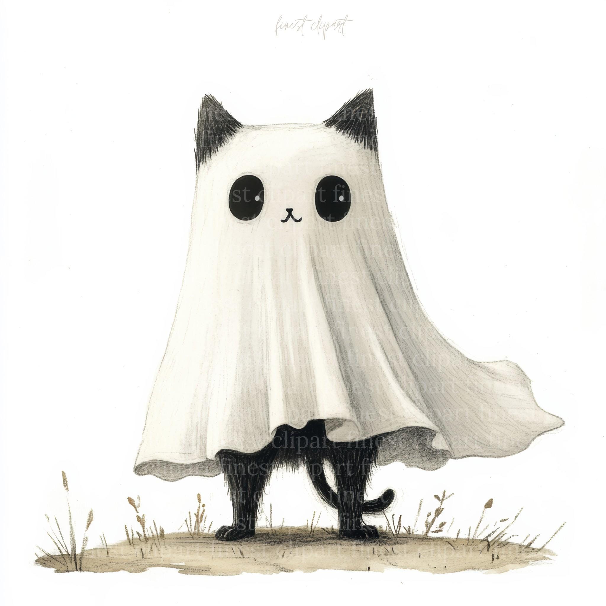 10 Cute Ghost Cat, Halloween Watercolor Clipart, JPG on White ...