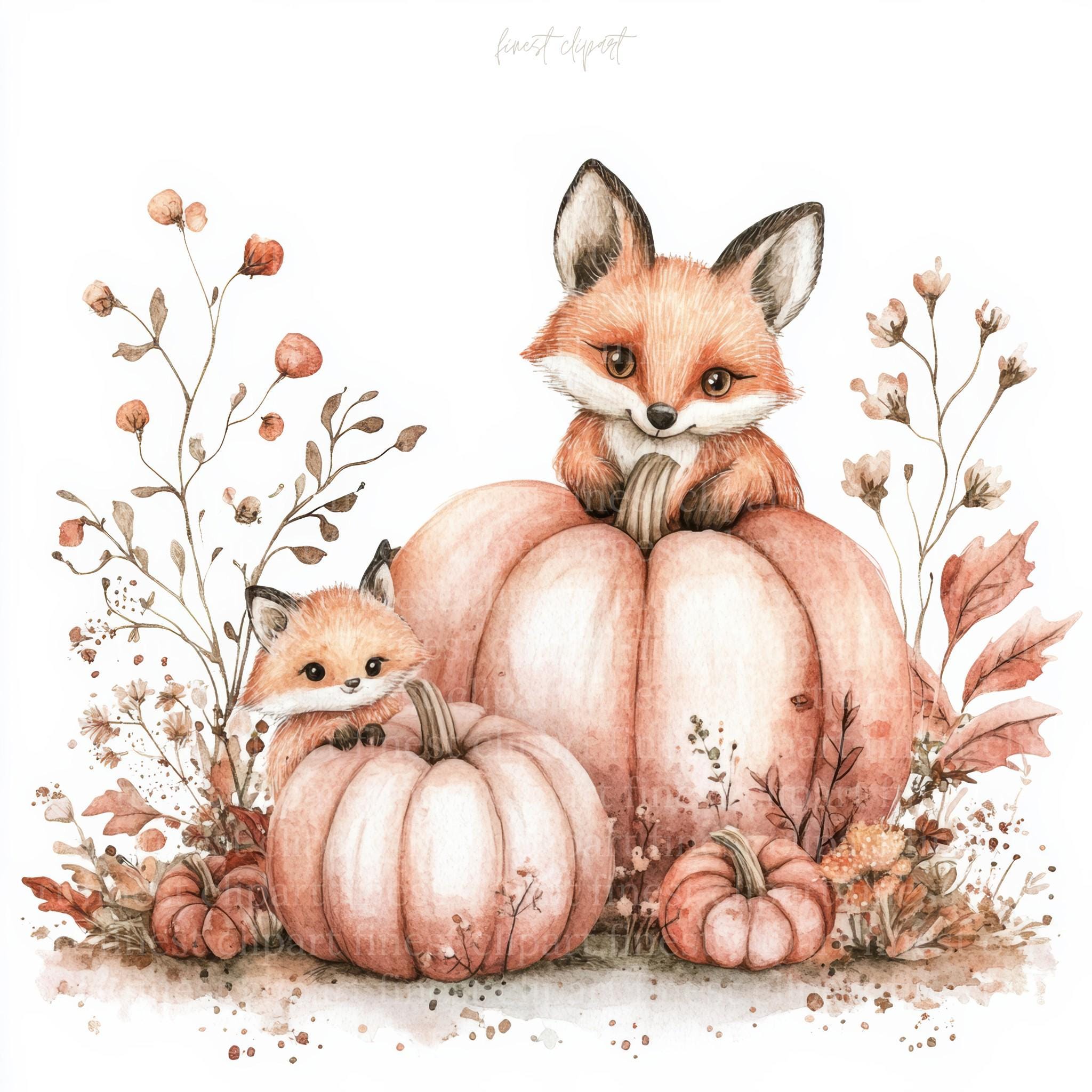 12 Autumn Pumpkins With Baby Fox Watercolor Clipart, JPG White ...