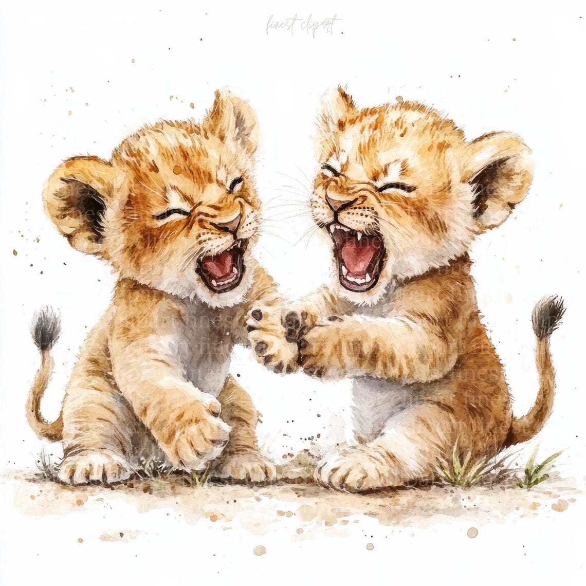 15 Cute Playing Lion Babies Watercolor Clipart, JPG With White ...