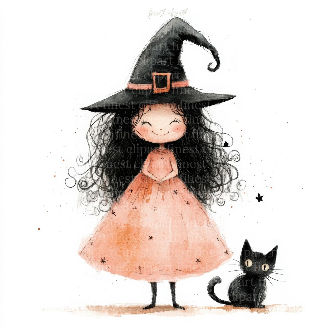 10 Cute Witch With Cat Watercolor Clipart, JPG, Halloween Images With ...