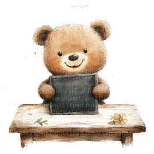 10 Teddy Bear With Blackboard Watercolor Clipart, JPG With White ...