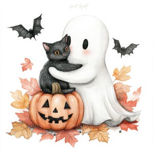 10 Cute Halloween Ghosts With Pumpkin and Cat Watercolor Clipart, JPG ...