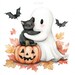 10 Cute Halloween Ghosts With Pumpkin and Cat Watercolor Clipart, JPG ...
