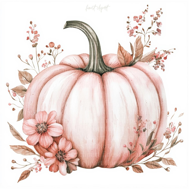 10 Blush Pink Pumpkin Watercolor Clipart JPG White Background, Autumn ...
