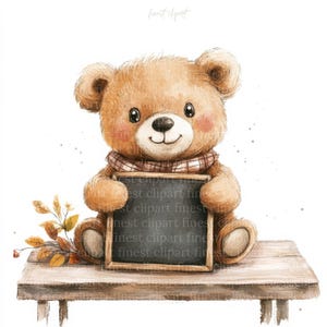 10 Teddy Bear With Blackboard Watercolor Clipart, JPG With White ...