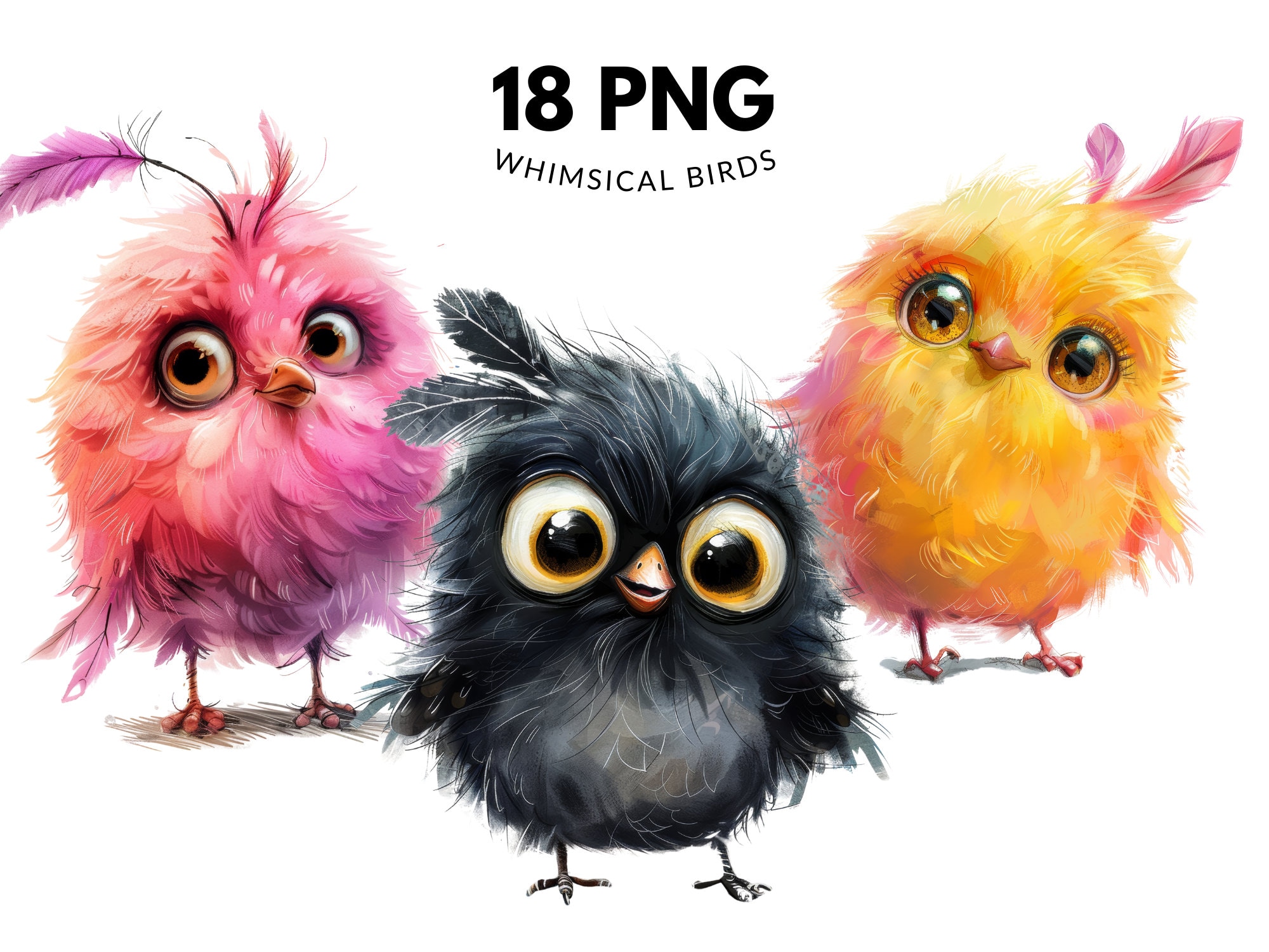 Funny Whimsical Bird Clipart Set: 18 PNG Files, Quirky Watercolor Birds ...