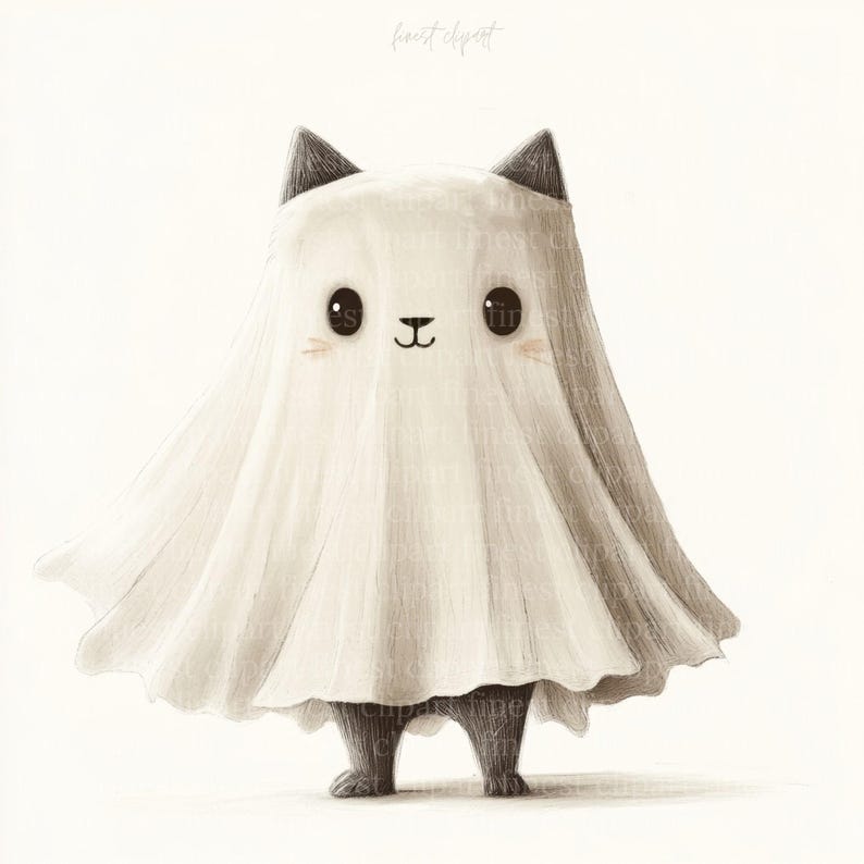 10 Cute Ghost Cat, Halloween Watercolor Clipart, JPG on White ...