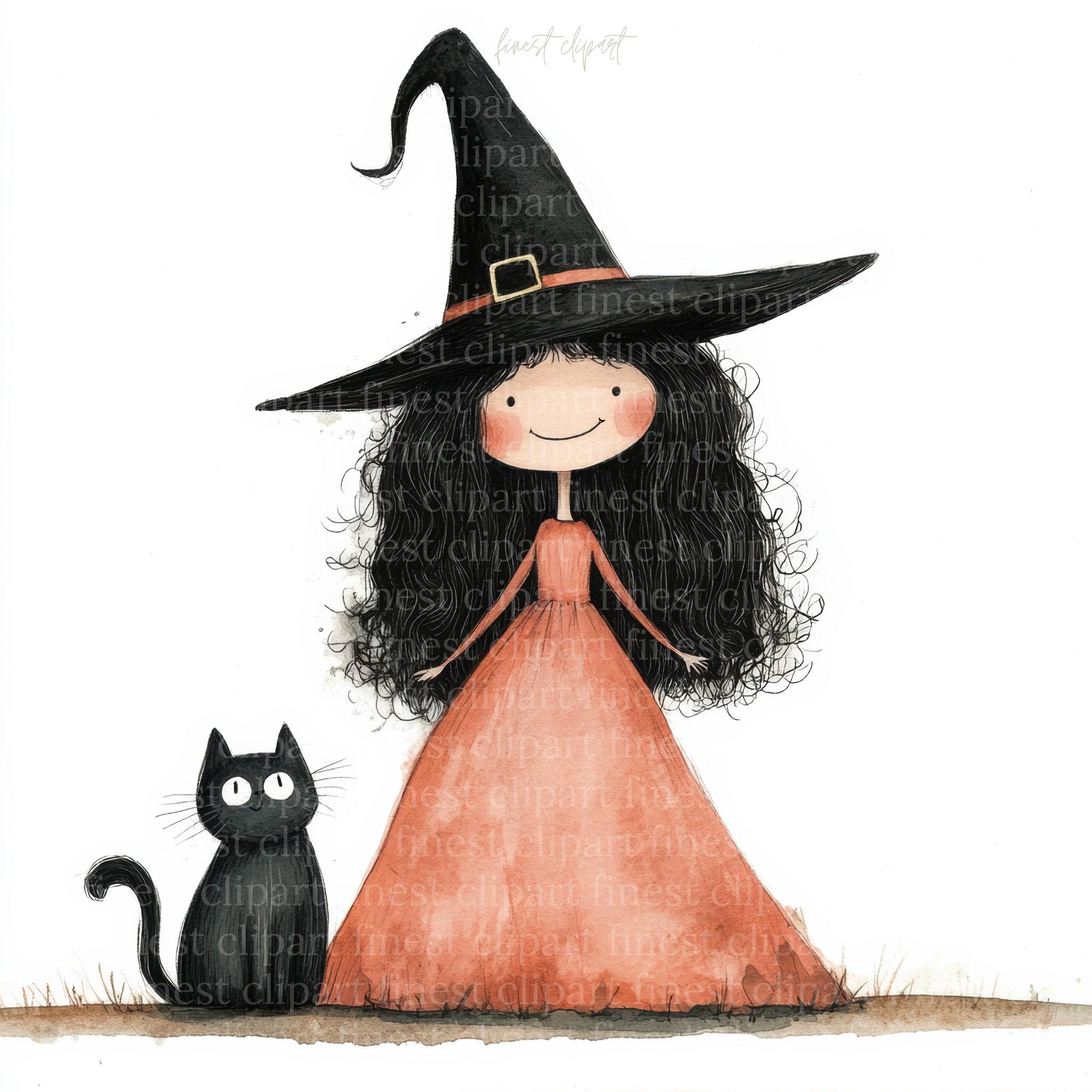 10 Cute Witch With Cat Watercolor Clipart, JPG, Halloween Images With ...