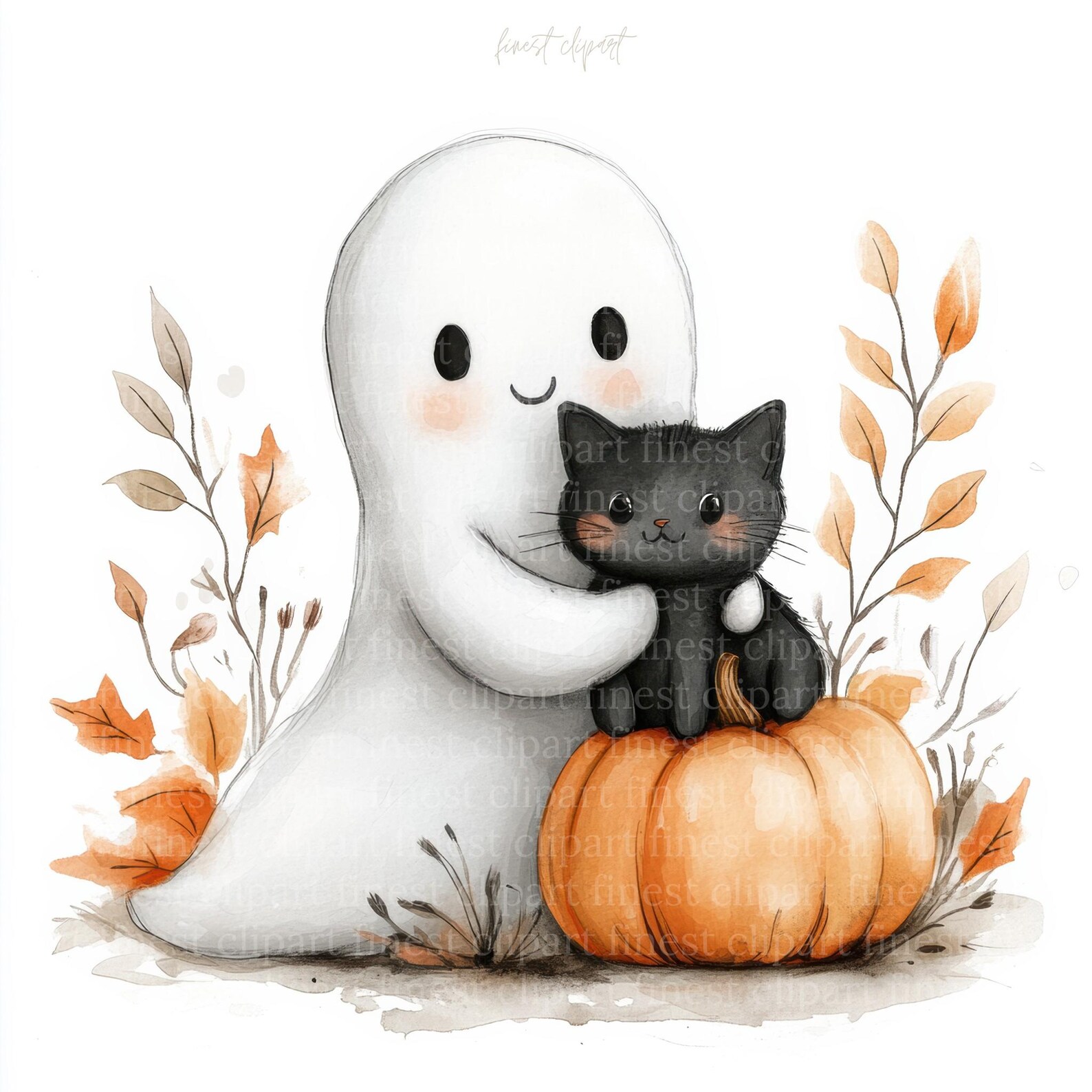 10 Cute Halloween Ghosts With Pumpkin and Cat Watercolor Clipart, JPG ...