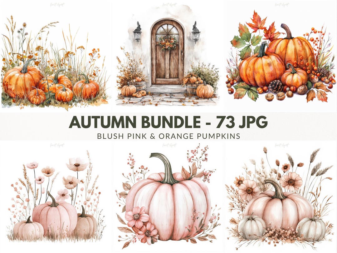 73 JPG Autumn Bundle Watercolor Clipart, White Background, Blush Pink ...