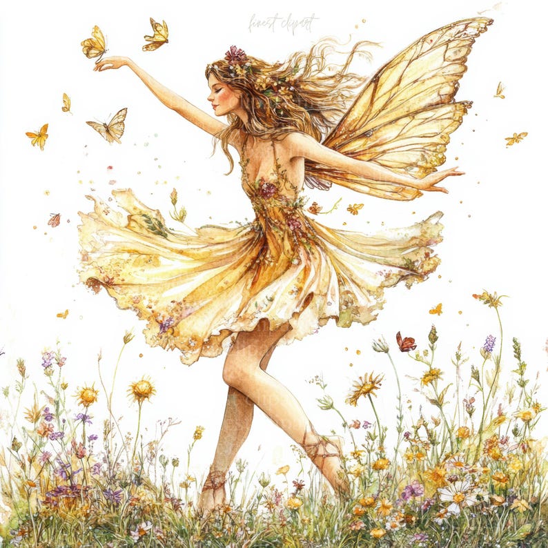 10 Wildflower Fairies Clipart - JPG - Watercolor Butterflies With Flowers White Background ...