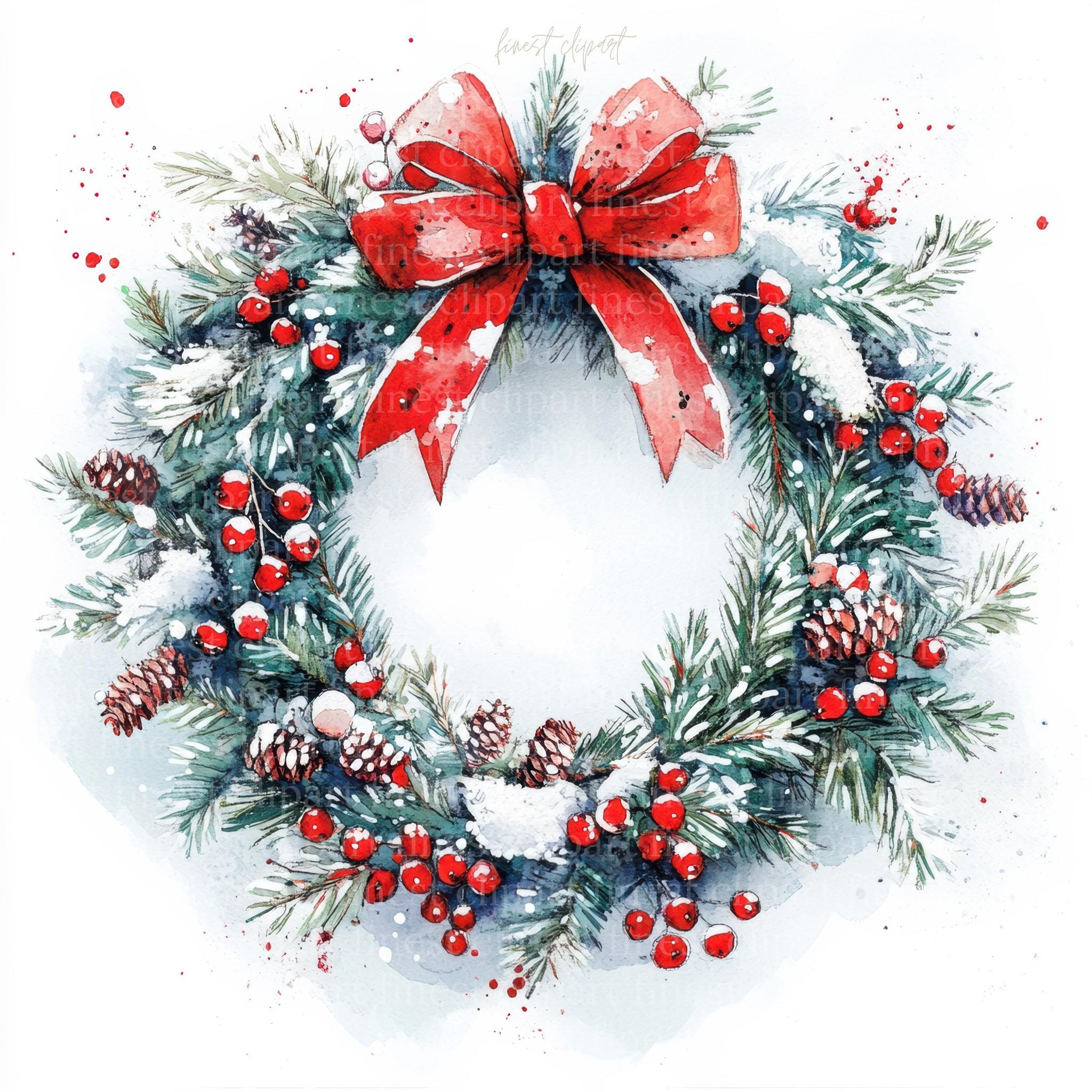 12 Christmas Wreath Watercolor Clipart, Snowy Winter Wreath, JPG on ...