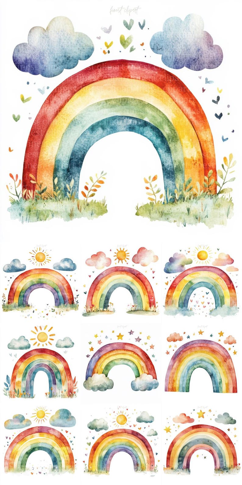 11 Cute Rainbows Watercolor Clipart Set, JPG Images, White Background ...
