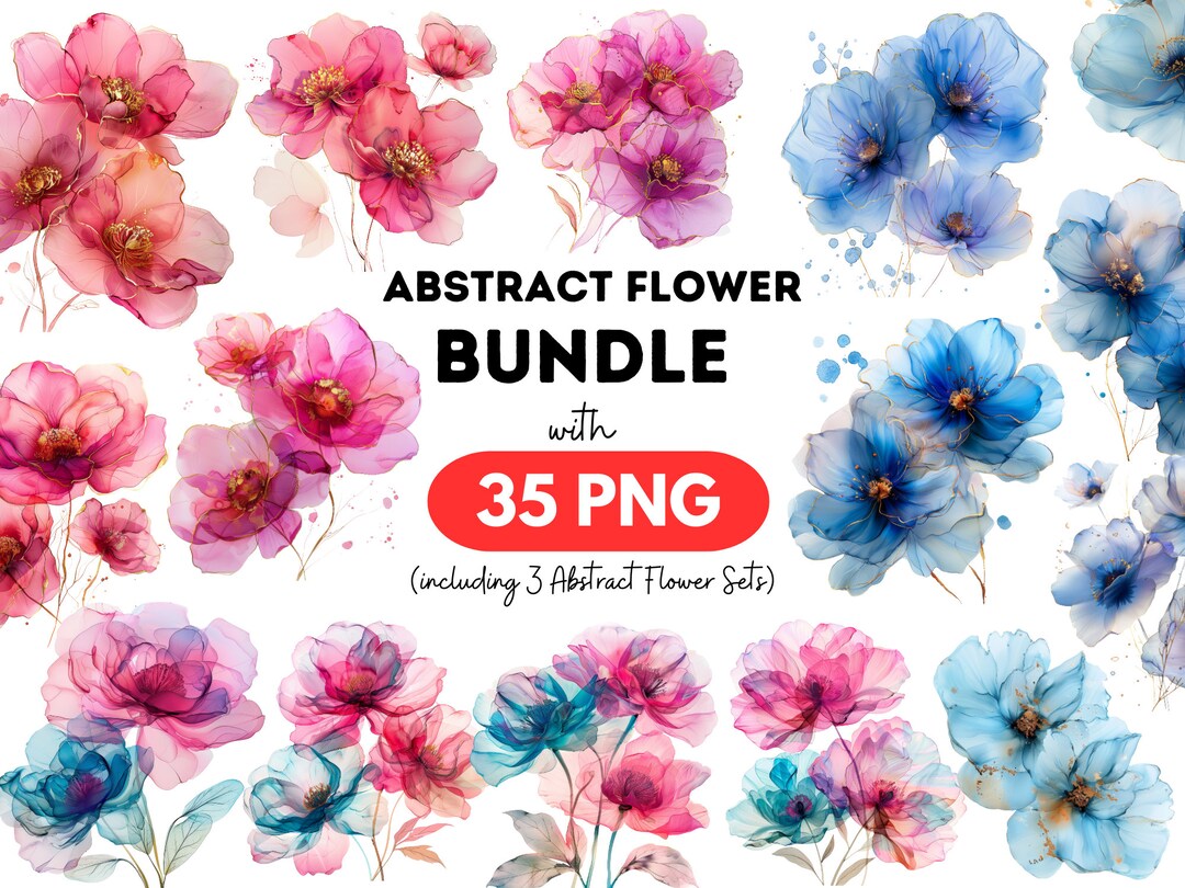 35 Abstract Watercolor Flower Bundle - Pink, Blue and Turquoise ...