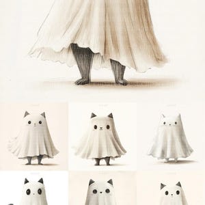 10 Cute Ghost Cat, Halloween Watercolor Clipart, JPG on White ...