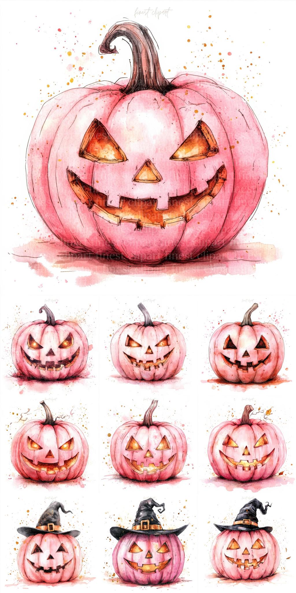10 Pink Halloween Pumpkin Watercolor Clipart, JPG With White Background ...