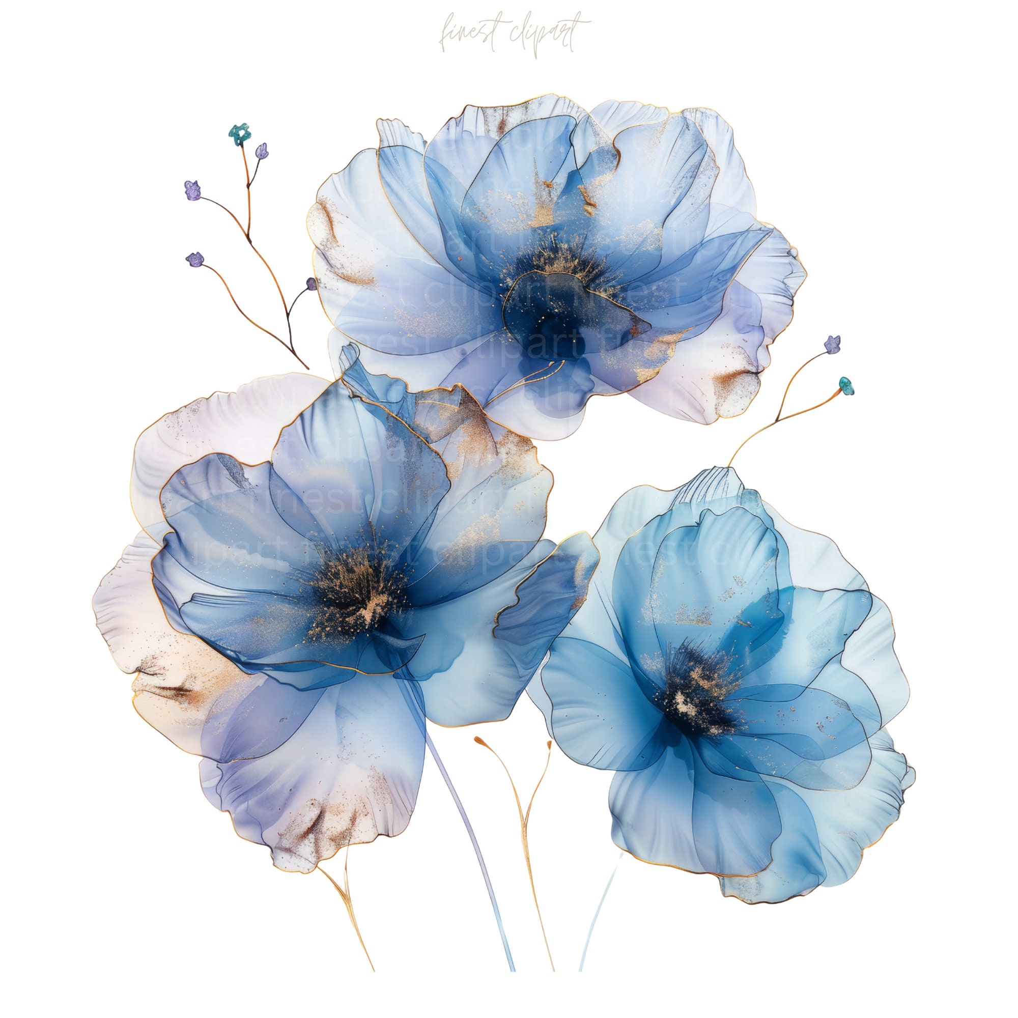 10 Abstract Watercolor Flower Clipart PNG Set Blue Floral Designs ...