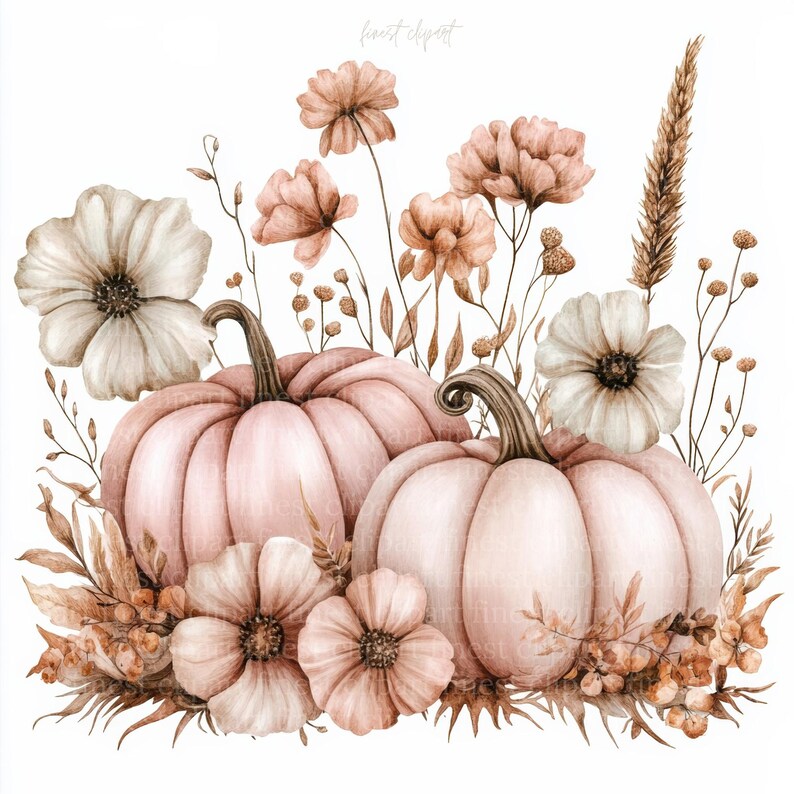 12 Blush Pink Pumpkin Watercolor Clipart, Floral JPG, White Background ...